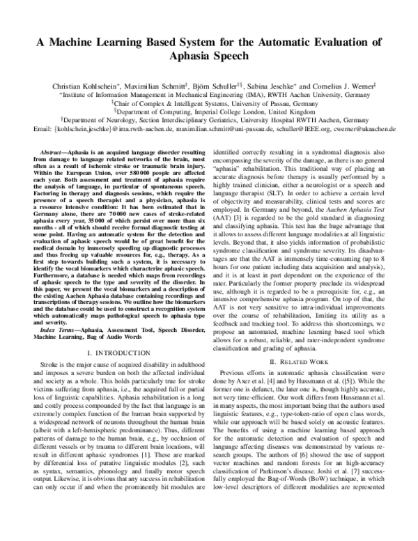 (PDF) A machine learning based system for the automatic evaluation of aphasia speech