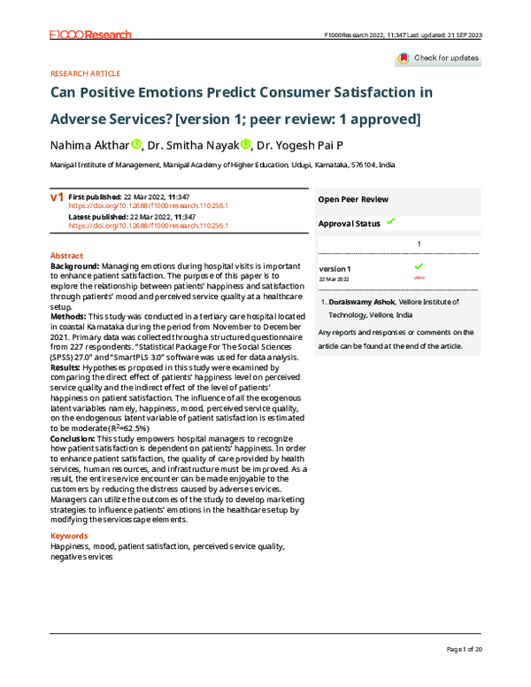 (PDF) Can Positive Emotions Predict Consumer Satisfaction in Adverse Services?