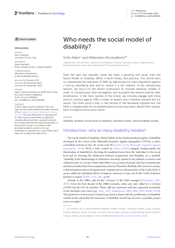 (PDF) Who needs the social model of disability?