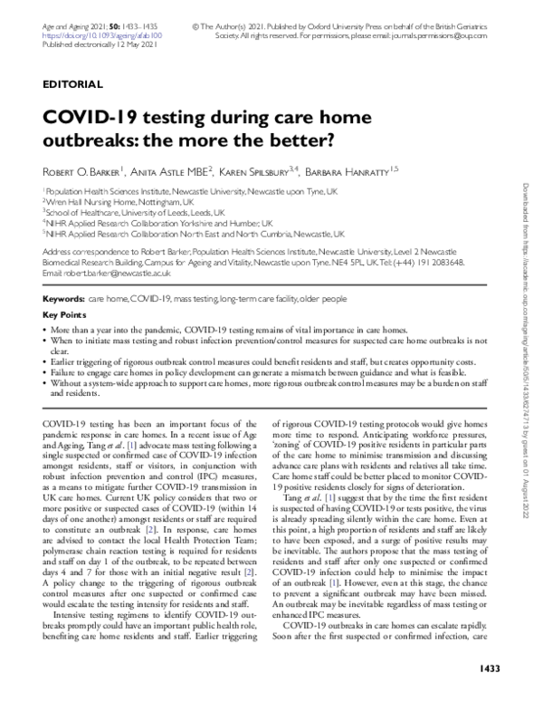 (PDF) COVID-19 testing during care home outbreaks: the more the better?