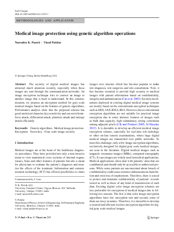 (PDF) Medical image protection using genetic algorithm operations | Dr. Vinod Patidar - Academia.edu