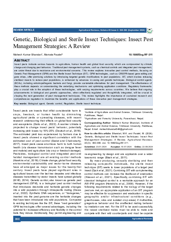 (PDF) Genetic, Biological and Sterile Insect Techniques: Insect Pest ...