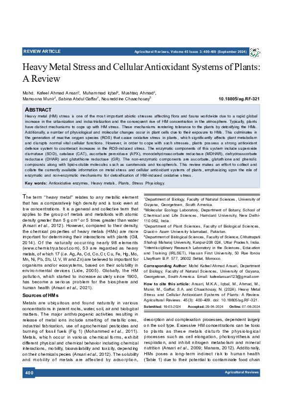 (PDF) Heavy Metal Stress and Cellular Antioxidant Systems of Plants: A ...