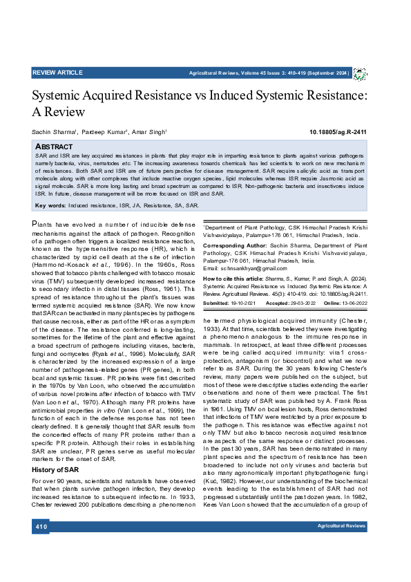(PDF) Systemic Acquired Resistance vs Induced Systemic Resistance: A Review