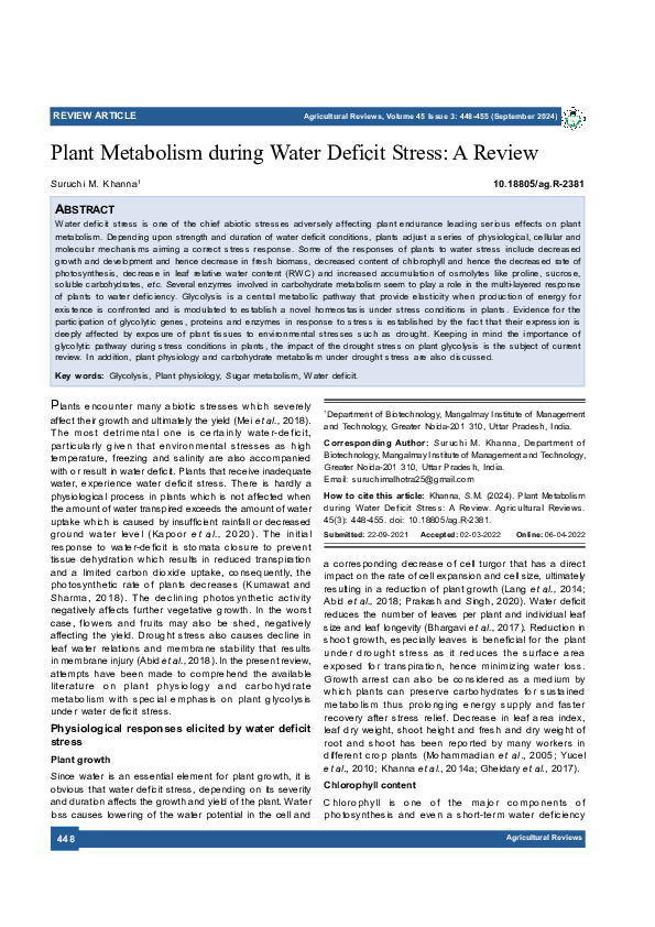 (PDF) Plant Metabolism during Water Deficit Stress: A Review