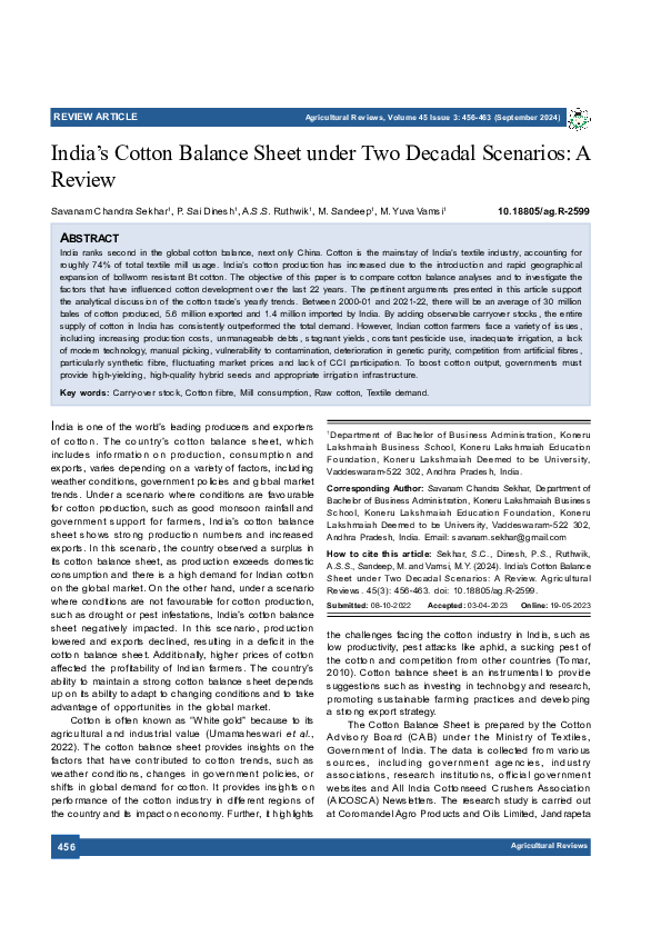 (PDF) India's Cotton Balance Sheet under Two Decadal Scenarios: A Review