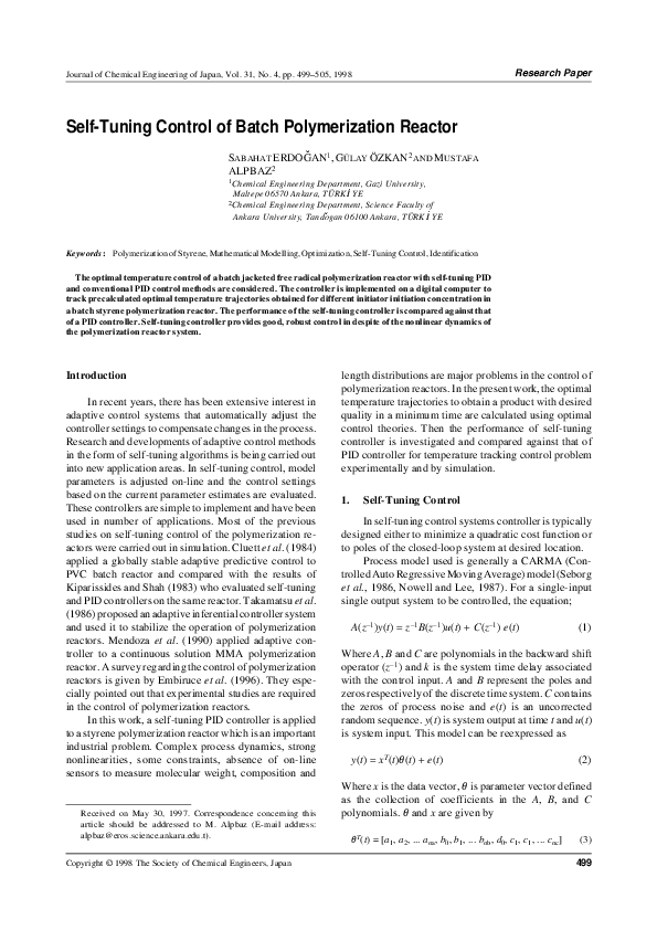 Pdf Self Tuning Control Of Batch Polymerization Reactor
