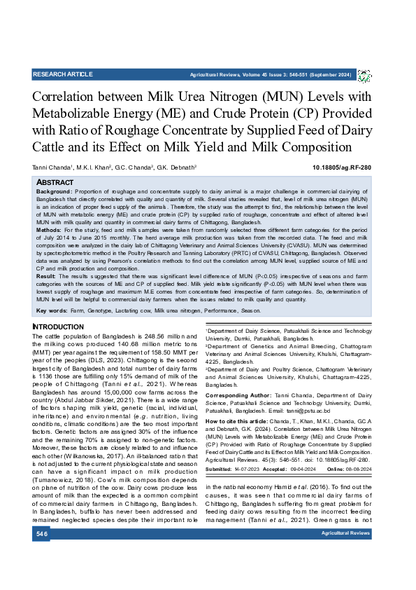 (PDF) Correlation between Milk Urea Nitrogen (MUN) Levels with ...