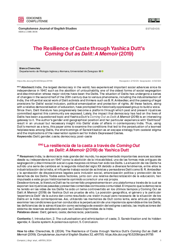 (PDF) The Resilience of Caste through Yashica Dutt’s Coming Out as Dalit: A Memoir (2019)