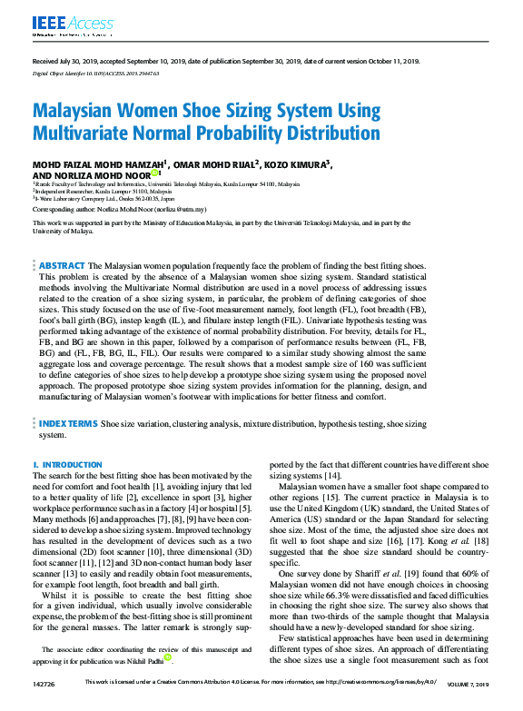 (PDF) Malaysian Women Shoe Sizing System Using Multivariate Normal ...