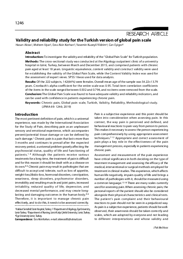 (PDF) Validity and reliability study for the Turkish version of global pain scale