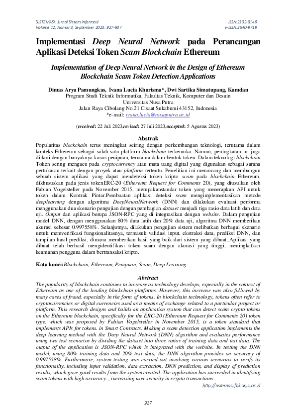 Pdf Implementation Of Deep Neural Network In The Design Of Ethereum Blockchain Scam Token