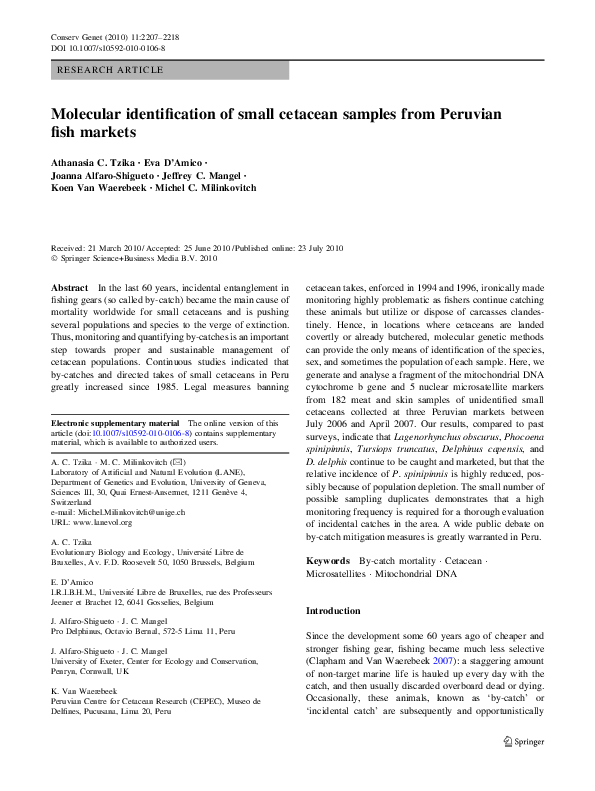 (PDF) Molecular identification of small cetacean samples from Peruvian ...