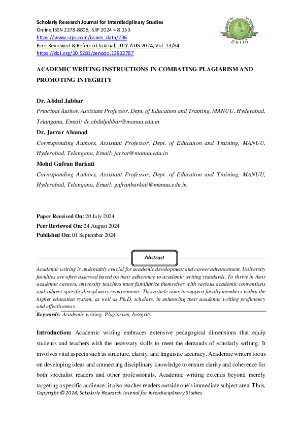 Pdf Academic Writing Instructions In Combating Plagiarism And Promoting Integrity