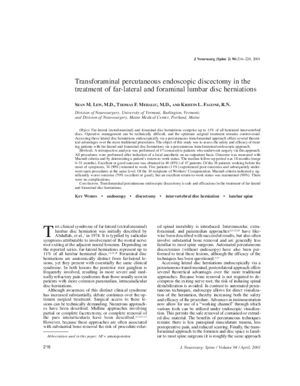 (PDF) Transforaminal percutaneous endoscopic discectomy in the ...