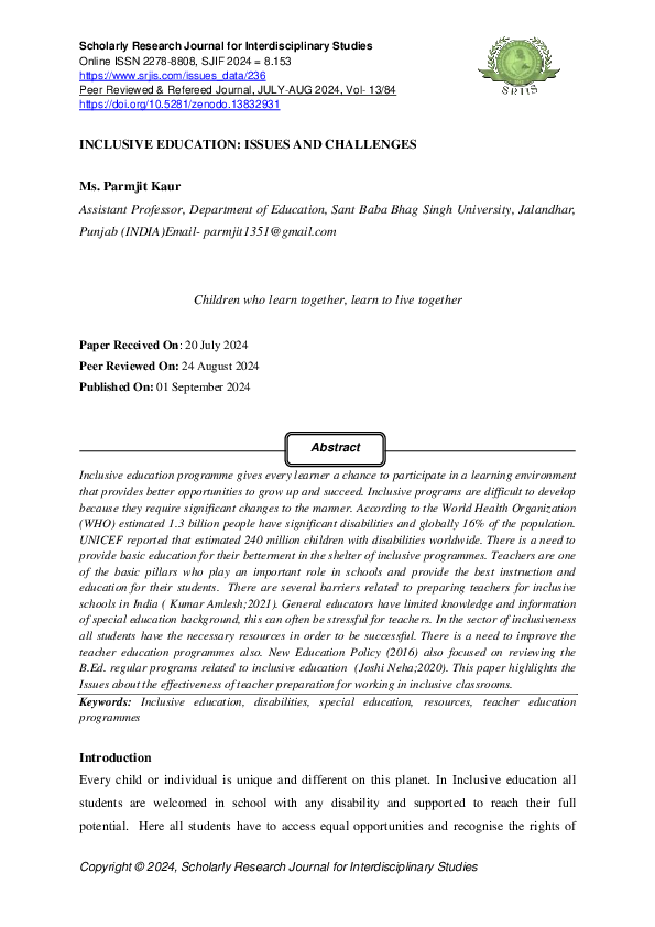 Pdf Inclusive Education Issues And Challenges