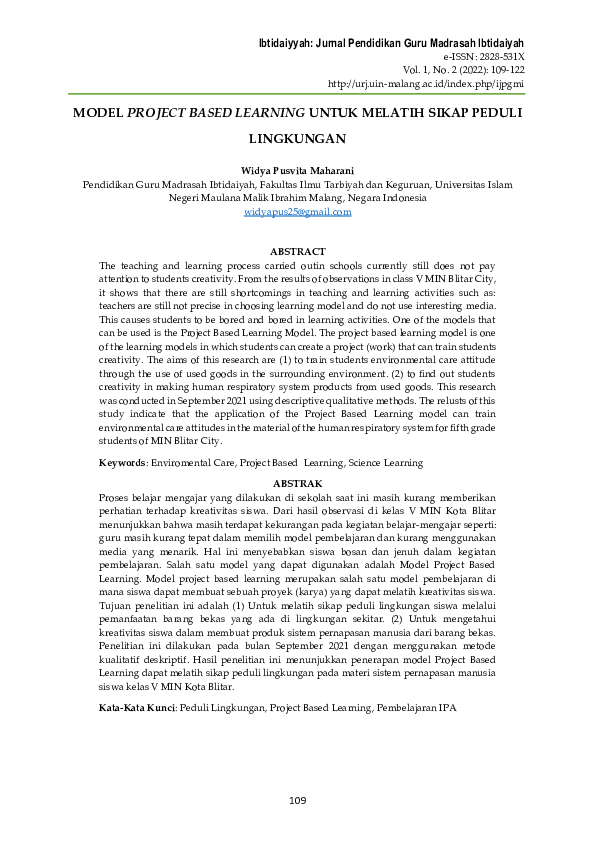 (PDF) Model Project Based Learning Untuk Melatih Sikap Peduli Lingkungan Siswa Kelas V Min Kota ...