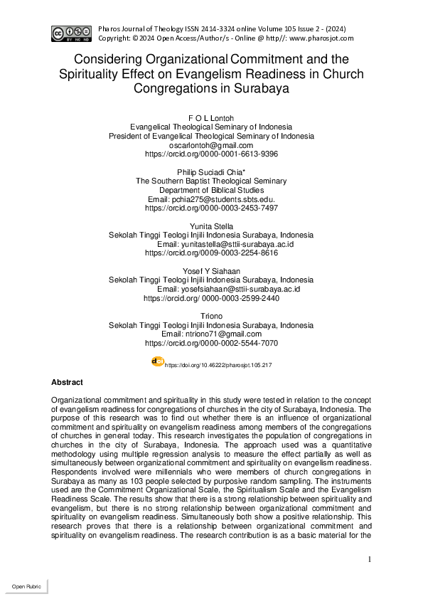 (PDF) Considering Organizational Commitment and the Spirituality Effect on Evangelism Readiness ...