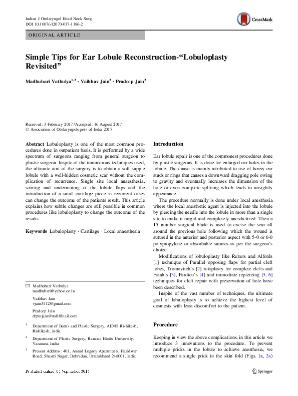 (PDF) Simple Tips for Ear Lobule Reconstruction-“Lobuloplasty Revisited”