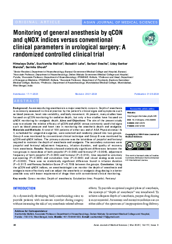 (PDF) Monitoring of general anesthesia by qCON and qNOX indices versus conventional clinical ...