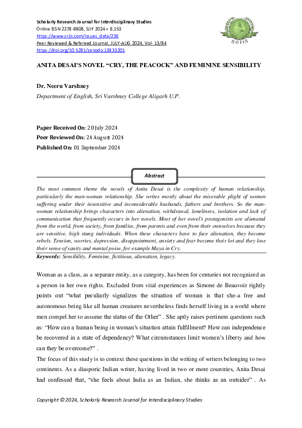 (PDF) ANITA DESAI'S NOVEL “CRY, THE PEACOCK” AND FEMININE SENSIBILITY