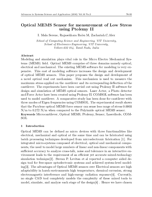 (PDF) Optical MEMS Sensor for measurement of Low Stress using Ptolemy II