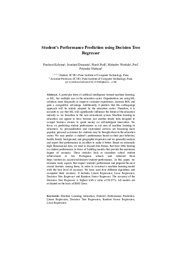 (PDF) Student's Performance Prediction using Decision Tree Regressor