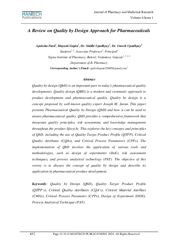 (PDF) A Review on Quality by Design Approach for Pharmaceuticals