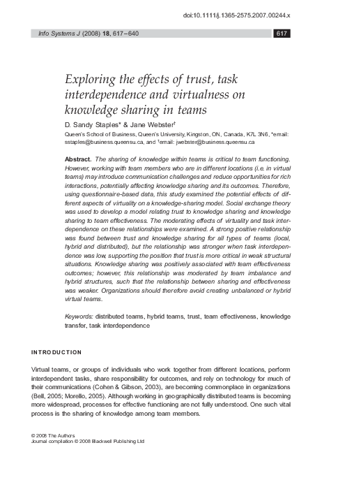 (PDF) Exploring the effects of trust, task interdependence and virtualness on knowledge sharing ...
