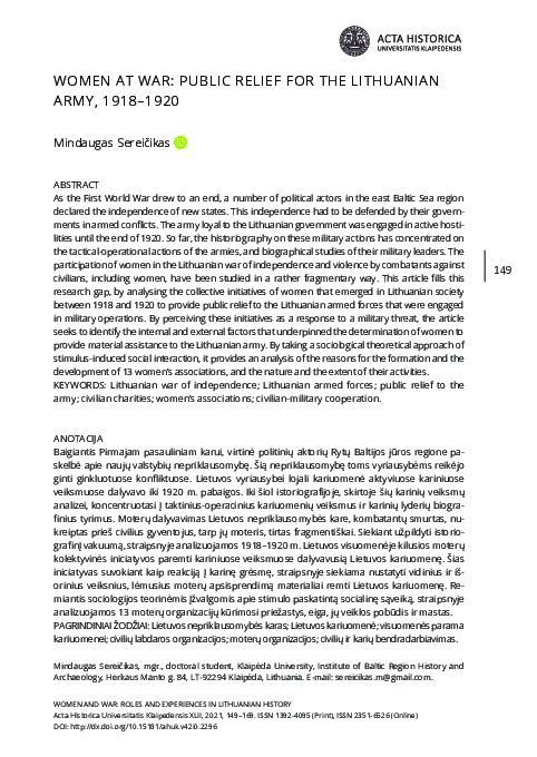 (PDF) Women at War: Public relief for the lithuanian army, 1918-1920