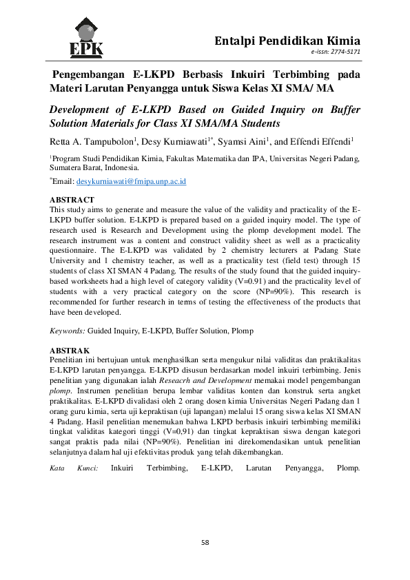 (PDF) Pengembangan E-LKPD Berbasis Inkuiri Terbimbing pada Materi Larutan Penyangga untuk Siswa ...