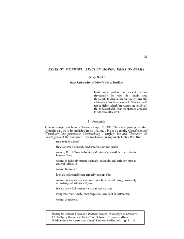 (PDF) Kraus on Weininger, Kraus on Women, Kraus on Serbia