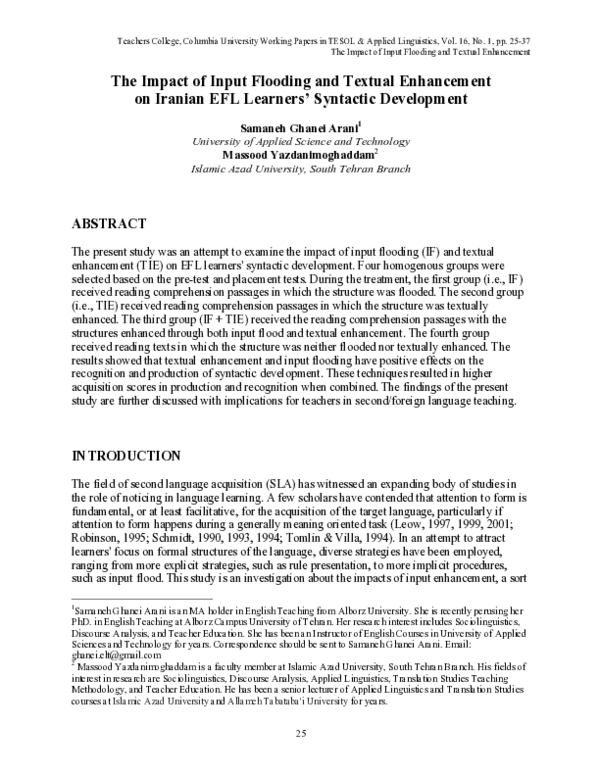 (PDF) The Impact of Input Flooding and Textual Enhancement on Iranian EFL Learners’ Syntactic ...