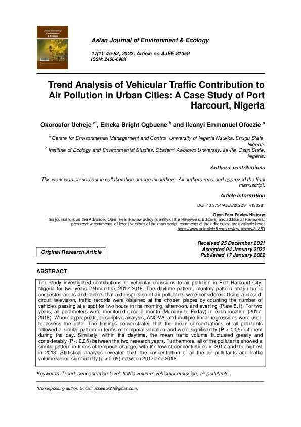 Pdf Trend Analysis Of Vehicular Traffic Contribution To Air Pollution In Urban Cities A Case