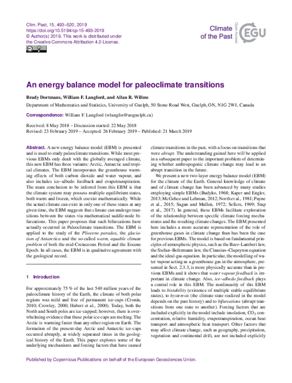 (PDF) An Energy Balance Model for Paleoclimate Transitions | William F ...