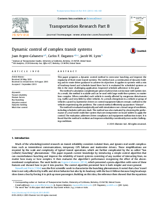(PDF) Dynamic Control of Complex Transit Systems