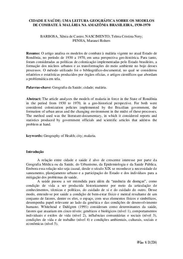 (PDF) Cidade e Saúde: Uma Leitura Geográfica Sobre Os Modelos De Combate À Malária Na Amazônia ...