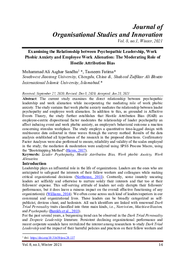 (PDF) Examining the Relationship between Psychopathic Leadership, Work ...