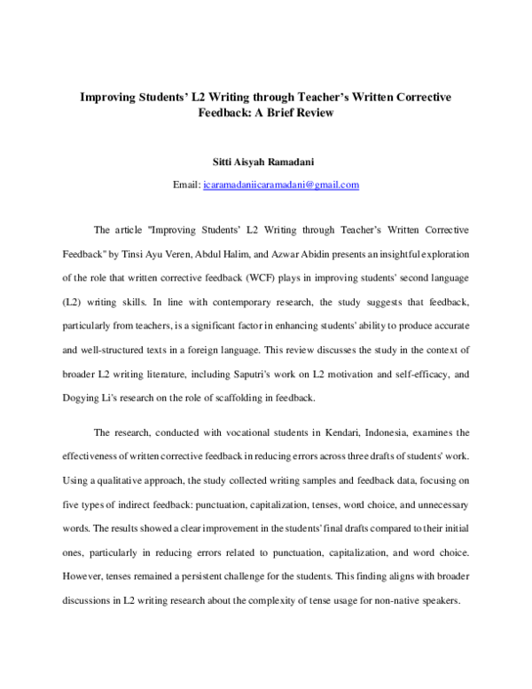 (PDF) Improving Students' L2 Writing through Teacher's Written Corrective Feedback: A Brief Review