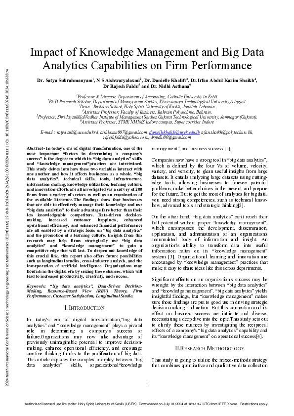 (PDF) Impact of Knowledge Management and Big Data Analytics Capabilities on Firm Performance