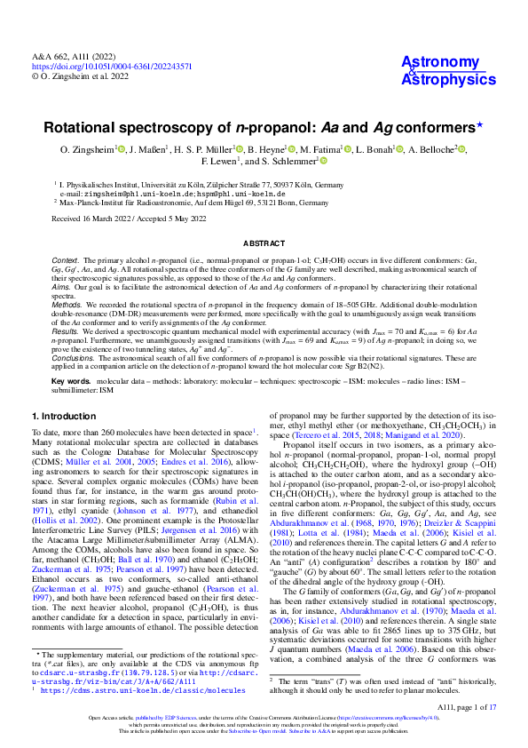 (PDF) Rotational spectroscopy of n -propanol: Aa and Ag conformers
