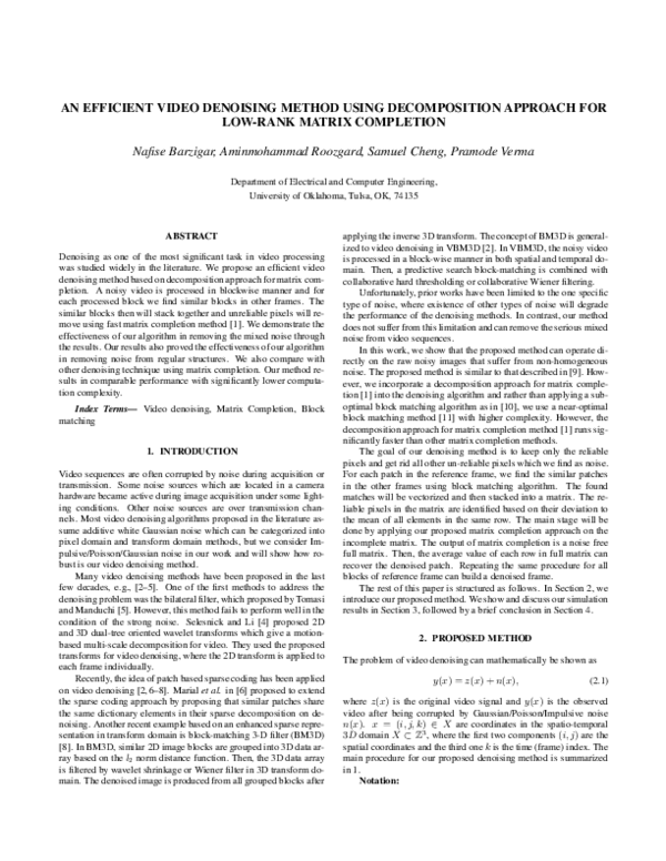 (PDF) An efficient video denoising method using decomposition approach for low-rank matrix ...