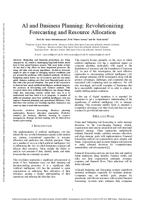 (PDF) AI and Business Planning: Revolutionizing Forecasting and Resource Allocation