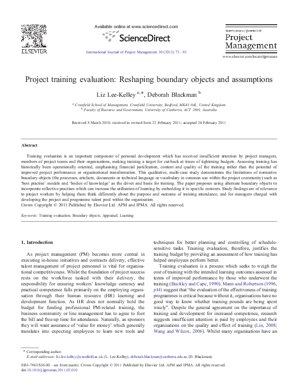(PDF) Project training evaluation: Reshaping boundary objects and assumptions | Liz Kelley ...