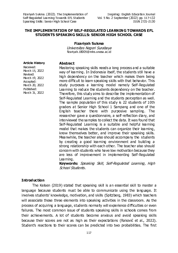 (PDF) The Implementation of Self-Regulated Learning Towards Efl Students Speaking Skills: Senior ...