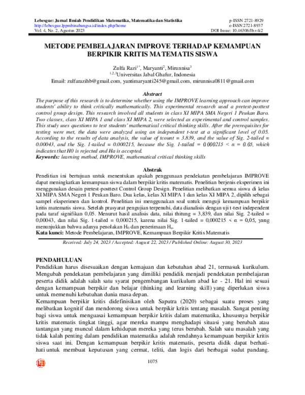(PDF) Metode Pembelajaran Improve Terhadap Kemampuan Berpikir Kritis Matematis Siswa