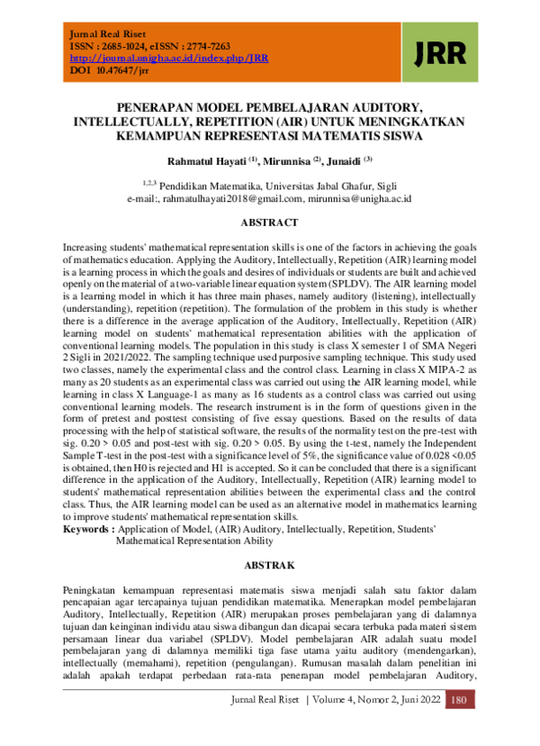 (PDF) Penerapan Model Pembelajaran Auditory, Intellectually, Repetition (Air) Untuk Meningkatkan ...