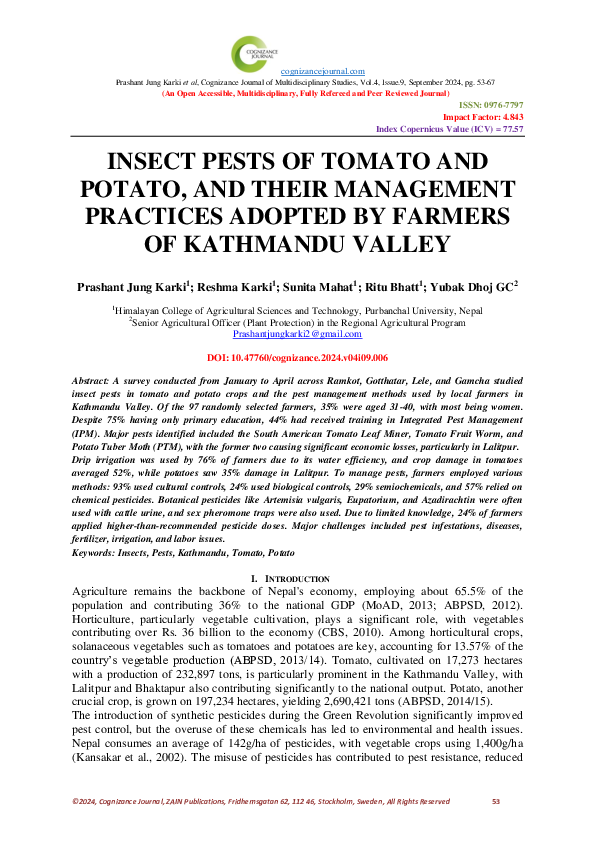 (PDF) INSECT PESTS OF TOMATO AND POTATO, AND THEIR MANAGEMENT PRACTICES ADOPTED BY FARMERS OF ...