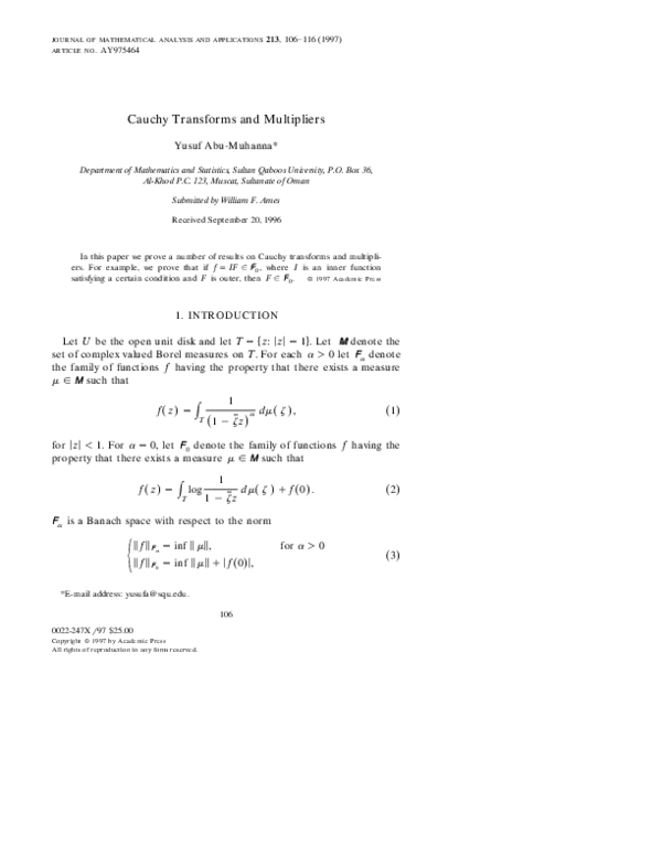 (PDF) Cauchy Transforms and Multipliers