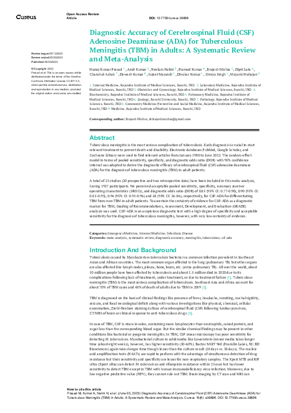 (PDF) Diagnostic Accuracy of Cerebrospinal Fluid (CSF) Adenosine Deaminase (ADA) for Tuberculous ...